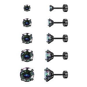 Jstyle Screw Back Stud Earrings Set 20G Surgical Steel Cubic Zirconia Cartilage Piercing Jewelry for Women Men Sensitive Ears CZ Tragus Helix Flat Back Earrings Stud Rainbow