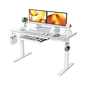 ErGear Dual Motor Electric Standing Desk with Drawers,48x24 Inch Whole-Piece Glass Desktop Quick Install,Height Adjustable Stand up Sit Stand Home Office Ergonomic Workstation with USB Charging Ports