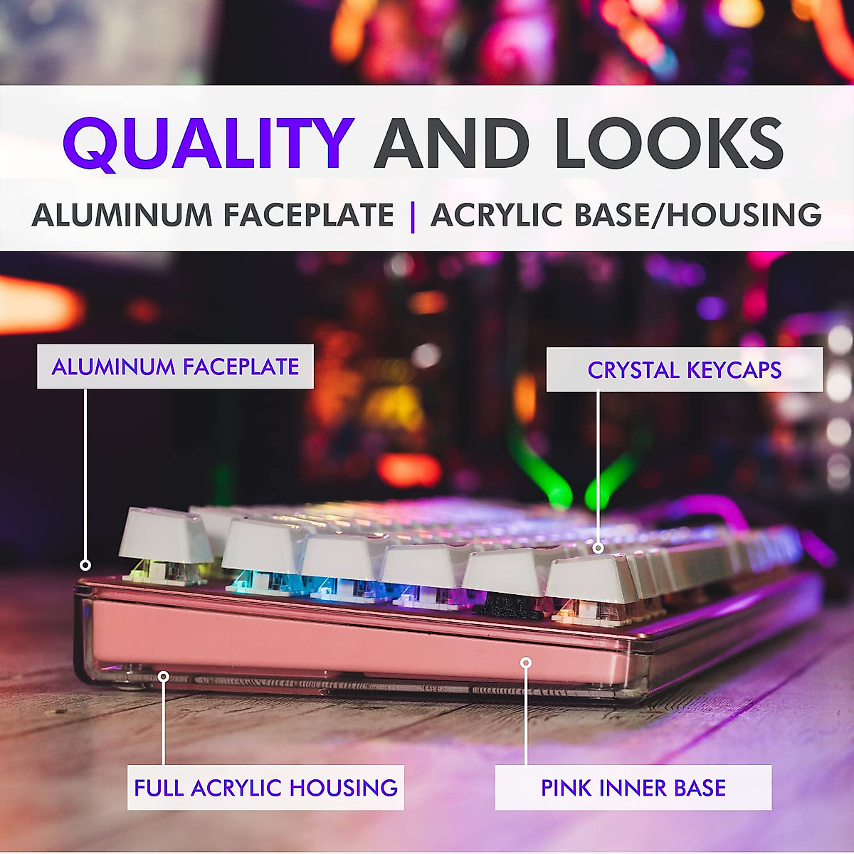 Tilted Nation Pink Mechanical Keyboard TKL - Acrylic Housing, Aluminum Plate, 87 Crystal Keys - USB Wired Tenkeyless Keyboard with Brown Switches (Outemu) - Work and Play - TKL Gaming Keyboard RGB