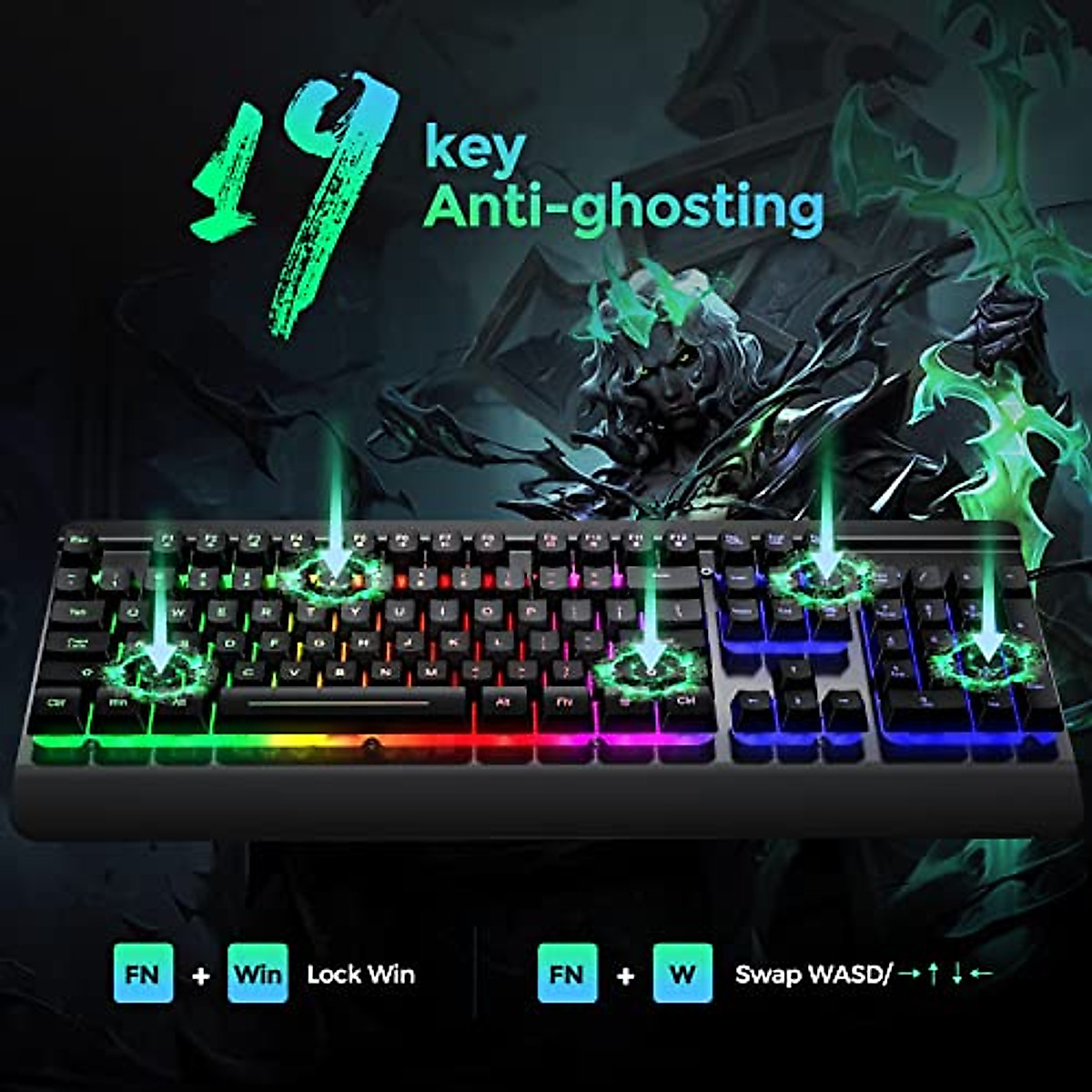 Dacoity Gaming Keyboard, 104 Keys All-Metal Panel, Rainbow LED Backlit Quiet Computer Keyboard, Wrist Rest, Multimedia Keys, Anti-ghosting Keys, Waterproof Light Up USB Wired Keyboard for PC Mac Xbox