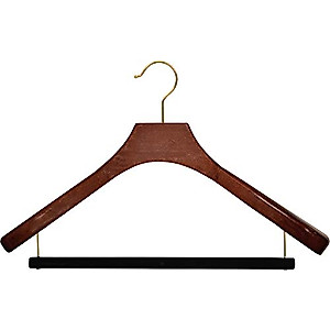 Deluxe Wooden Suit Hanger with Velvet Bar, Walnut Finish & Brass Swivel Hook, Large 2 Inch Wide Contoured Coat & Jacket Hangers (Set of 12) by The Great American Hanger Company