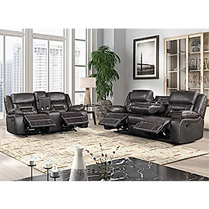 Roundhill Furniture Elkton Manual Motion Reclining Sofa and Loveseat with Storage Console, Dark Chesnut