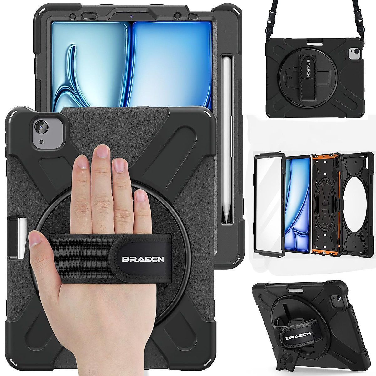 BRAECN for iPad Air 11 Inch 6th Generation Case M2 2024,iPad Air 5th Gen/iPad Air 4th Gen 10.9 Inch,Shockproof Durable Silicone Case with 360 Rotating Hand Strap&Kickstand for iPad Air 11'' Case-Black