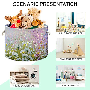 ALAZA Large Storage Basket for Toys Spring Wildflowers White Flowers Round Blanket Basket Baby Laundry Hamper Canvas Organizer Bin Box Cotton Rope Collapsible Bucket Pillow Home Decor