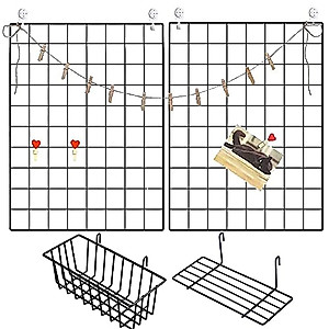 GBYAN Wire Wall Grid with Baskets Black Photo Grid Metal Wall Organizer for Wall Decoration, Picture Display, Memo Board
