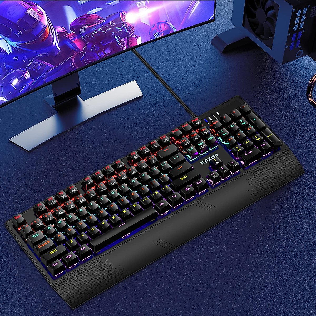 E-YOOSO Mechanical Keyboard, Mechanical Gaming Keyboard with Blue Switches, 104 Keys, Wired Keyboard Mechanical with Rainbow Backlit & RGB LED Side Light, Clicky Keyboard for Windows, Gaming, PC