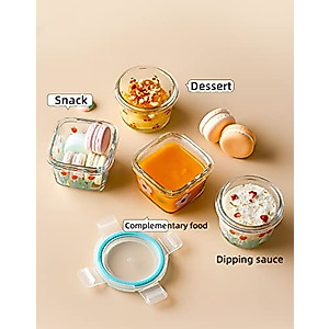 2 Pack 4 OZ Mini Glass Food Storage Containers Portable Small Food Jars with Airtight Lids Leakproof Square Flower Glass Container for Food Portion,Dipping Sauce,Snack,Nut,Yogurt,Freezer Microwave Safe