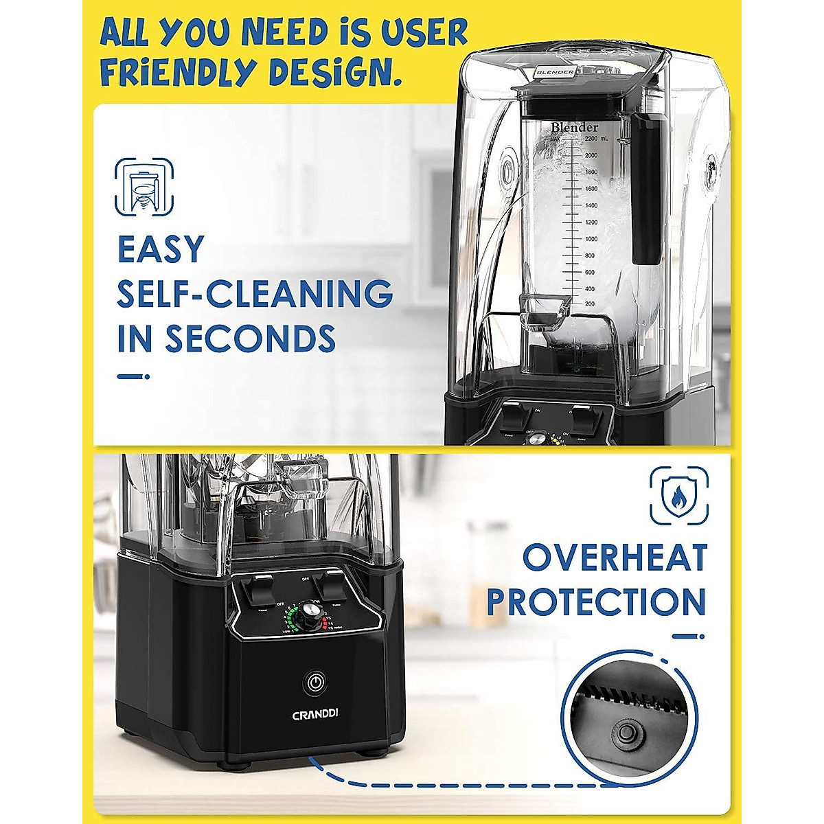 CRANDDI Quiet Shield Blender K90-B bundle with K90-R, 2200W,80 oz Pithcer