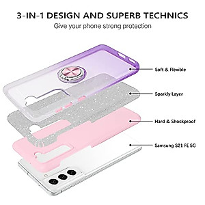 GUAGUA Compatible with Samsung Galaxy S21 FE 5G Case 6.4 Inch Glitter Sparkle Bling Cover for Girls Women with Ring Holder Kickstand Shockproof Protective Case for Galaxy S21 FE, Gradient Purple