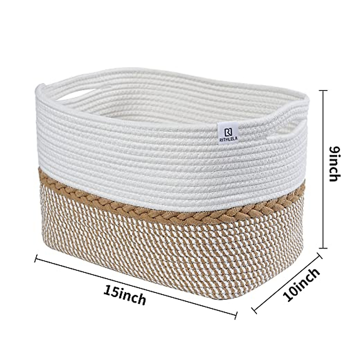 RITHLELA Woven Baskets 15"x10"x9" Cotton Rope Cube Storage Baskets Set of 3 Decorative Baskets Closet Cloth Storage Baskets and Bins for Shelves with Handles for Blanket, Laundry, Clothes - Light Tan