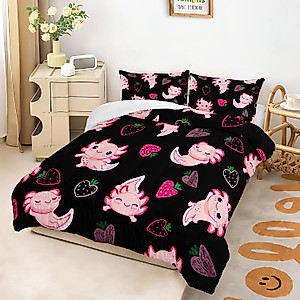 AILONEN Cute Axolotl Bedding Twin Pink Animal Print Girls Kids Comforter Set,Kawaii Axolotl Comforter,Soft Lightweight Microfiber,Cartoon Axolotl Comforter with 2 Pillowcases,3 Piece
