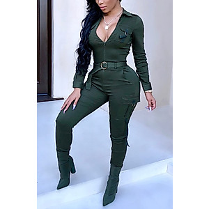 PerZeal Sexy V Neck Jumpsuits for Women Bodycon Elegant Long Sleeve Long Pants One Piece Jumpsuit Romper With Belt Pocket Zipper X-Large