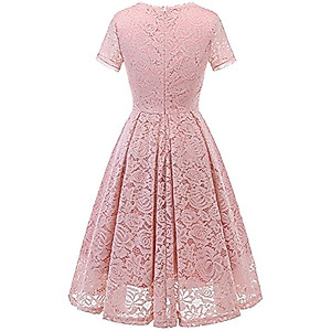 DRESSTELLS Elegant Wedding Guest Dress, Tea Length Mother of The Bride Dresses, Lace Bridesmaid Dress, Semi Formal Cocktail Dresses, Vintage Evening Party Formal Dress with Sleeves Blush XL