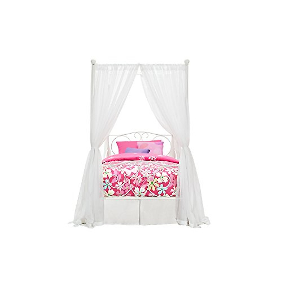 DHP Metal Canopy Kids Platform Bed with Four Poster Design, Scrollwork Headboard and Footboard, Underbed Storage Space, No Box Sring Needed, Twin, White