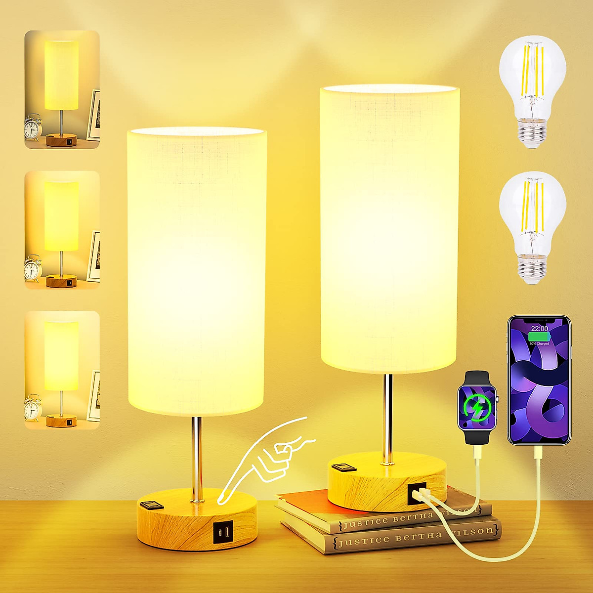 ZEXDOK Table Lamps Set of 2 with USB Ports and Outlets, Touch Control Lamps for Bedroom 3-Way Dimmable Nightstand Lamps with USB A+C Charging Ports & Ac Outlet for Living Room, Dorm, Home Office