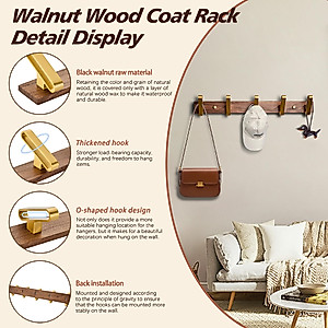 OUJUN Coat Rack Wall Mounted, 19.69 Inch Solid Walnut Wood Wall Mount Coat Hooks with 5 Golded Metal Hooks for Hanging Clothes Hat Bag and Key.Modern Coat Rack for Entryway Bedroom Bathroom Kitchen