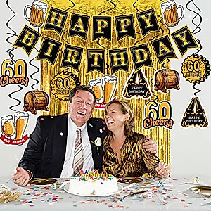 60th birthday decorations for men women - (60pcs) black gold party Banner, 40 Inch Gold Balloons,60th Sign Latex Balloon,Fringe Curtains and cheers to you Foil Balloons,Hanging Swirl,photo props