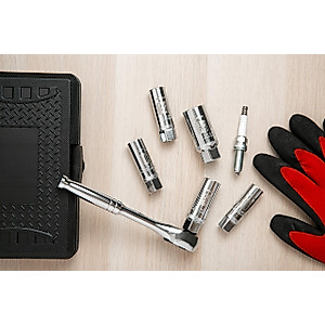 ARES 11016-5-Piece Magnetic Spark Plug Socket Set - Includes 14mm and 16mm Thin Wall Sockets and 9/16-inch, 5/8-inch, and 13/16-inch Sockets - Convenient Reusable Storage Rail Included