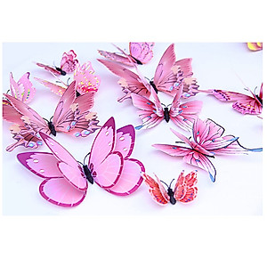 PVC Beautiful 3D Butterfly Wall Decals, 12pcs Removable DIY Home Decorations Double Layer Butterflies Wall Stickers Murals for Garden Bedroom Birthday Party Wedding TV Background Living Room(Pink)