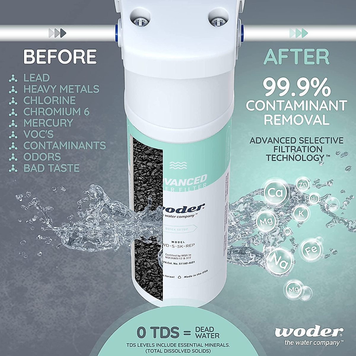 Woder WD-S-5K-ADV-JG High Capacity Advanced Inline Water Filter with ¼” John Guest Fittings - WQA Certified 5,000gal – Removes Chlorine, Lead, Chromium 6, Heavy Metals, Odors/Contaminants – USA Made