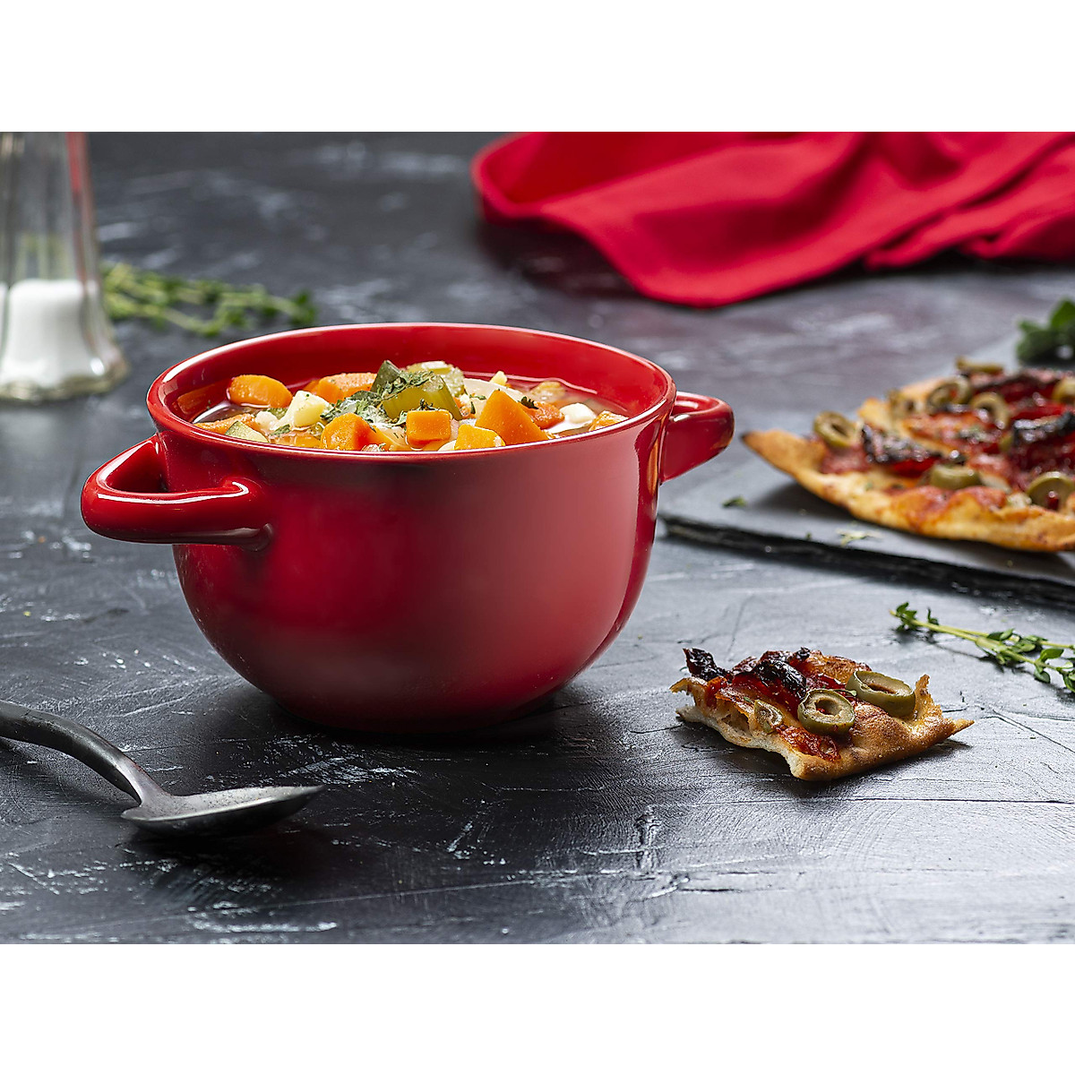 KooK Broil Safe Soup Bowls, French Onion Soup Crocks, Oven Safe Soup Mugs, Ceramic Bowls with Handles, for Rice, Dessert, Pasta, Dishwasher, Microwave, Set of 4, 18 oz (Red)