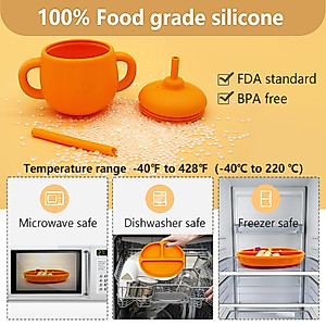 KCMI Silicone Baby Led Weaning 9 Piece Set in Pumpkin Style - Includes Non-BPA Suction Plate with Divider, Suction Bowl, Pocket Bib, Cup Lid, Straw, Spoon, Fork, Plate Lid & Sippy Cup - Orange