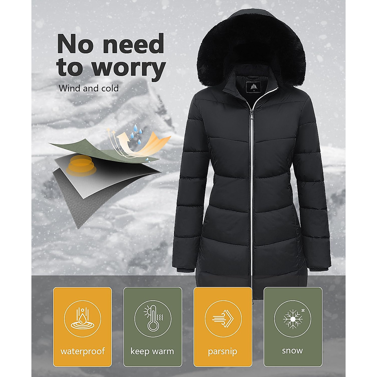 MOERDENG Women's Winter Windproof Warm Down Coats Waterproof Thicken Hooded fashions Puffer Jacket Black 01-L