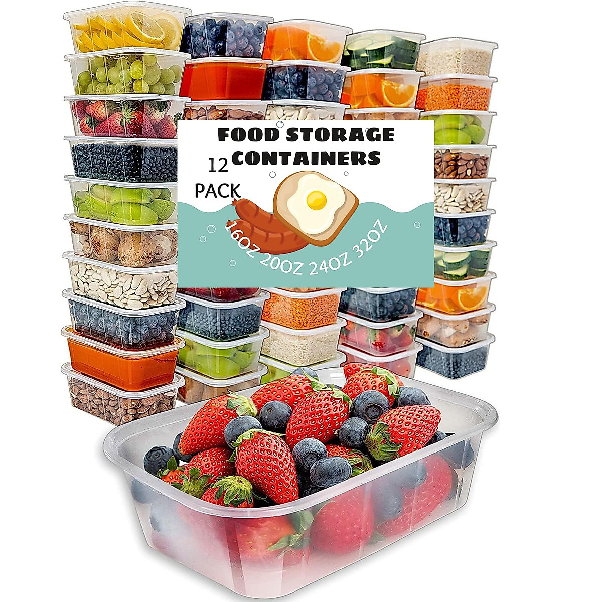 FAMASTON Food Storage Containers Rectangular with Lids 16oz Freezer Deli Cups BPA-Free Leakproof Clear Takeout Container Meal Prep Microwavable, Airtight Lids - 12 Pack