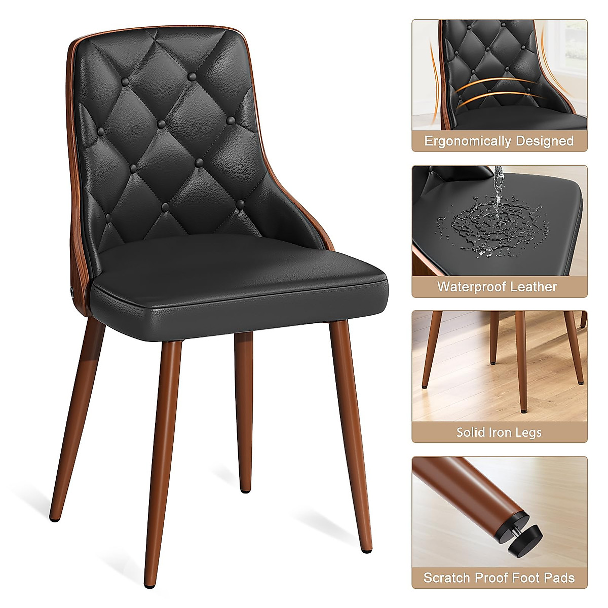 Aowos Dining Chairs Set of 2, Mid Century Modern PU Leather Upholstered Kitchen Chairs with Walnut Back and Iron Legs, Comfortable Seating for Kitchen, Dining Room, Bar Counter, Living Room (Black)