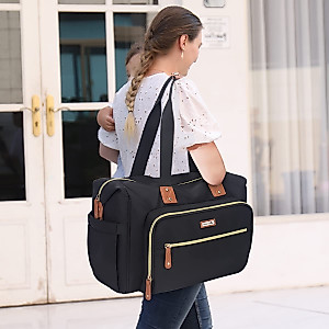 Hafmall Diaper Bag Tote with Changing Pad, Multifunctional Stylish Mommy Bag, Large Diaper Messenger Bag for Mom and Dad, Black