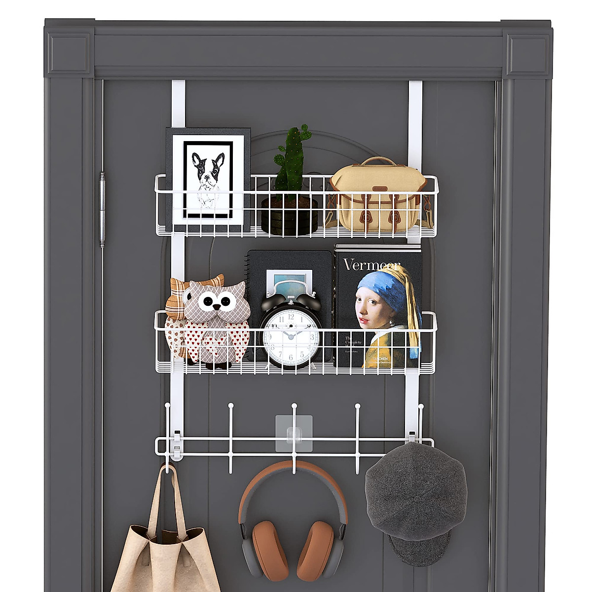 LUCYCAZ Over The Door Hooks Organizer, Door Hanger Towel Rack with 10 Coat Hooks & 2 Mesh Basket Over The Door Shelf, Back of Door Storage Organizer for Barthroom Kitchen Hanging Towel Clothes (White)