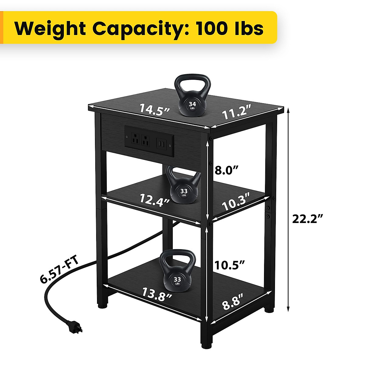 End Tables Set of 2 with Charging Station USB Ports, 3 Tier Tall Night Stand with Storage Shelves, Record Player Stand Narrow Side Table for Small Space Living Room Bedroom Office, Easy Assembly,Black