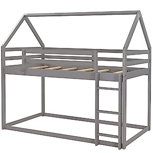 Twin Over Twin Low Bunk Bed, Wood House Bunk Bed Frame with Ladder, Guardrail and Roofs Floor Bunk Bed for Kids, Teens, Girls, Boys,Gray