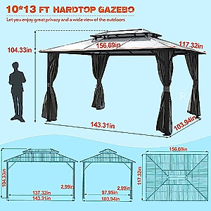 VEIKOU 10' x 13' Gazebo, Hardtop Gazebo w/Aluminum Frame & Polycarbonate Double Roof, Patio Gazebo with Netting and Curtains, Heavy-Duty Pergolas and Gazebos for Backyard, Deck and Lawns