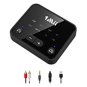 1Mii Bluetooth 5.3 Transmitter for TV to 2 Wireless Headphones, Long Range 100ft Bluetooth Adapter for TV aptX Low Latency& HD/Volume Control, Optical/USB/AUX/RCA Audio Inputs