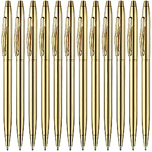 Outus 12 Pieces Gold Metallic Pens Slim Metallic Ballpoint Pens Retractable Ballpoint Pen with Black Ink Metal Pens Mini Conical Ballpoint Pens for Business Students Teachers Wedding, 1.0 mm