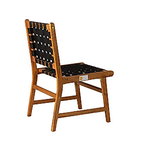 Patio Sense 63710 Sava Indoor Outdoor Armless Dining Side Chair All Weather Wicker Low Slung Portable Seating Solid Acacia Wood Woven Seat Porch Lawn Garden Fishing Sporting - Black Webbing