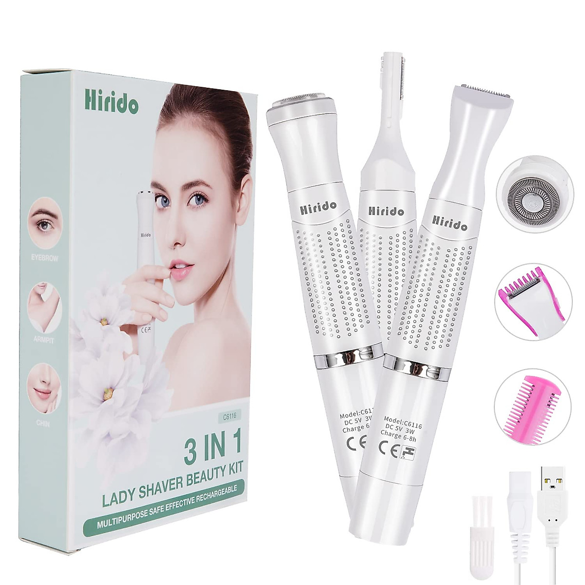 Electric Eyebrow Trimmer, Finishing Touch Flawless Facial Hair Remover Device for Women, 3 in 1 Rechargeable Body Hair Removal Kit, Painless and Flawless Facial Hair Groomer for Lady Face Body, White