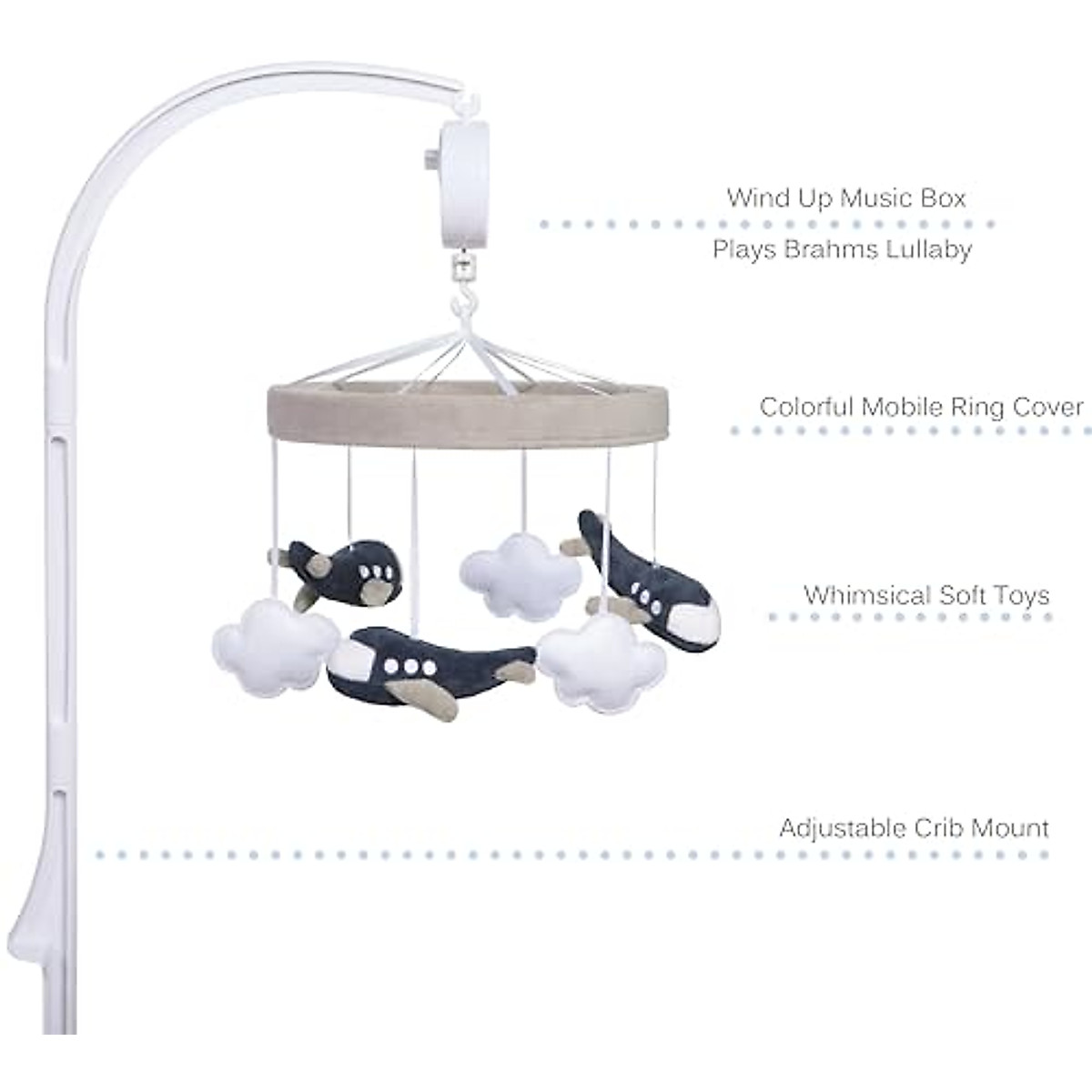 Sammy & Lou Airplane Baby Crib Mobile with Music, Crib Mobile Arm Fits Standard Crib Rail