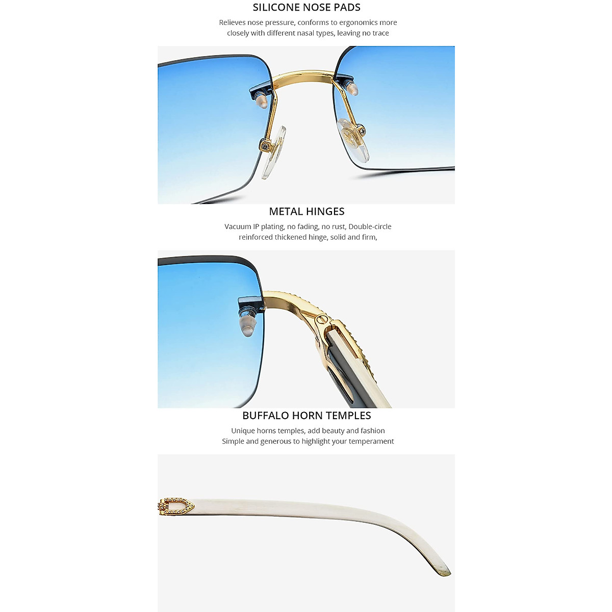 HEPIDEM 100% Really Buffalo Horn Sunglasses for Men Rimless Square Diamonds Buffs Sun Glasses 0015 (Diamond Black Blue)