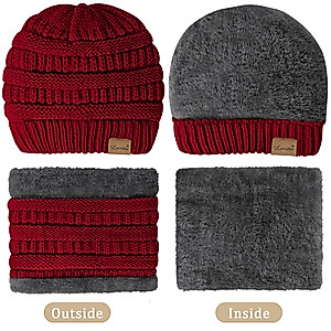 3 Pieces Winter Beanie Hat Scarf Touch Screen Gloves Set Thick Warm Knit Skull Cap Fleece Lined Scarves Gifts for Women,Z-X Wine Red Set