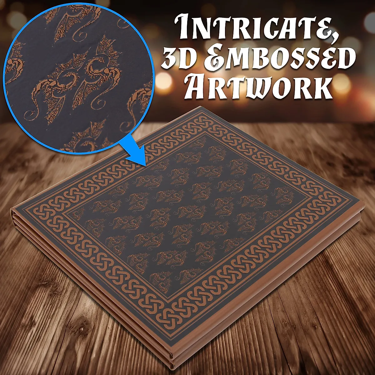 CASEMATIX DM Screen Faux Leather Embossed GM Screen - Four Panel Folding Dungeon Master Screen with Wet Erase Transparent Pockets and Compatible with Tabletop Roleplaying Games, Inserts Not Included