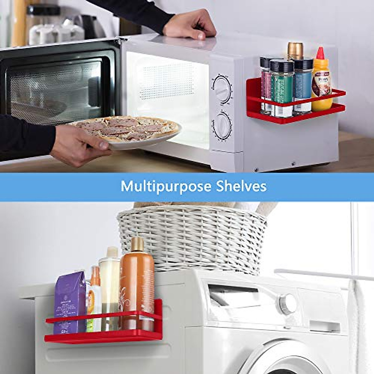 2 Pack - Magnetic Spice Rack, Fridge Organizer Shelf, Side Wall Refrigerator Storage for Spices, Utensils or Plates, Works as Towel Holder with Hooks, Organization for Home and Kitchen (Red)