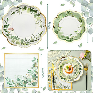 Tanlade 96 Pcs Sage Green Theme Party Supplies Plates and Napkins Serve 24, Disposable Eucalyptus Paper Plates Scalloped Dinner Plates 2 Ply Paper Napkins for Wedding Bridal Shower