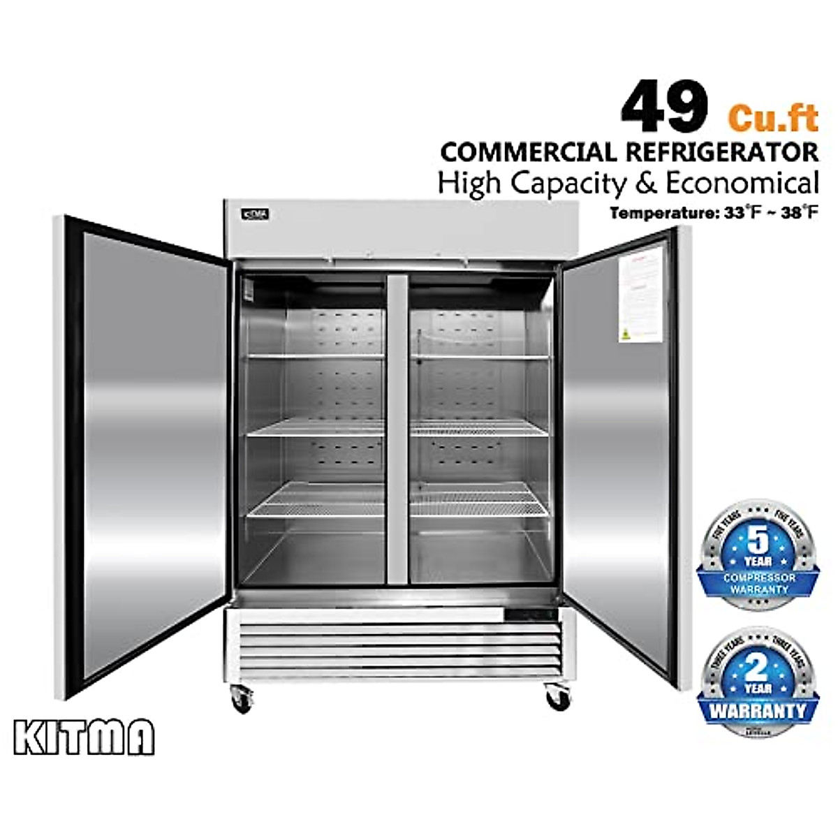 KITMA 54-inch Commercial Refrigerators, 2 doors Reach-in Refrigerator Cooler with LED Lighting, Stainless steel, 49 Cu. Ft