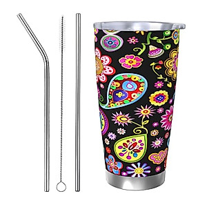 AYCZN Paisley Floral 20 OZ Tumbler Stainless Steel Travel Coffee Mug, Mandala Flower Insulated Water Bottle with Lid and Straws Leakproof Thermal Cup