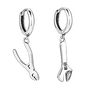 Asymmetric Pliers Wrench S925 Sterling Silver Dangle Drop Small Hoop Earrings for Women Men Teen Boys Couples Personalized Vintage Dangling Hypoallergenic Gifts for Best Friend Birthday