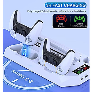 PS5 Stand with Cooling Station PS5 Controller Charging Station for Playstation 5 PS5 Console Disc/Digital Edition, PS5 Accessories-Cooler Fan/Remote Charger/Media&Headset Holder/3-USB Hub/Screw White