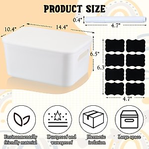 BBTO 8 Pcs White Plastic Storage Organizer Bins with Lids Large Stackable Storage Boxes with Handle Organizing Containers Including Labels and Markers for Family Organization, 14.4 x 10.4 x 6.5 Inch