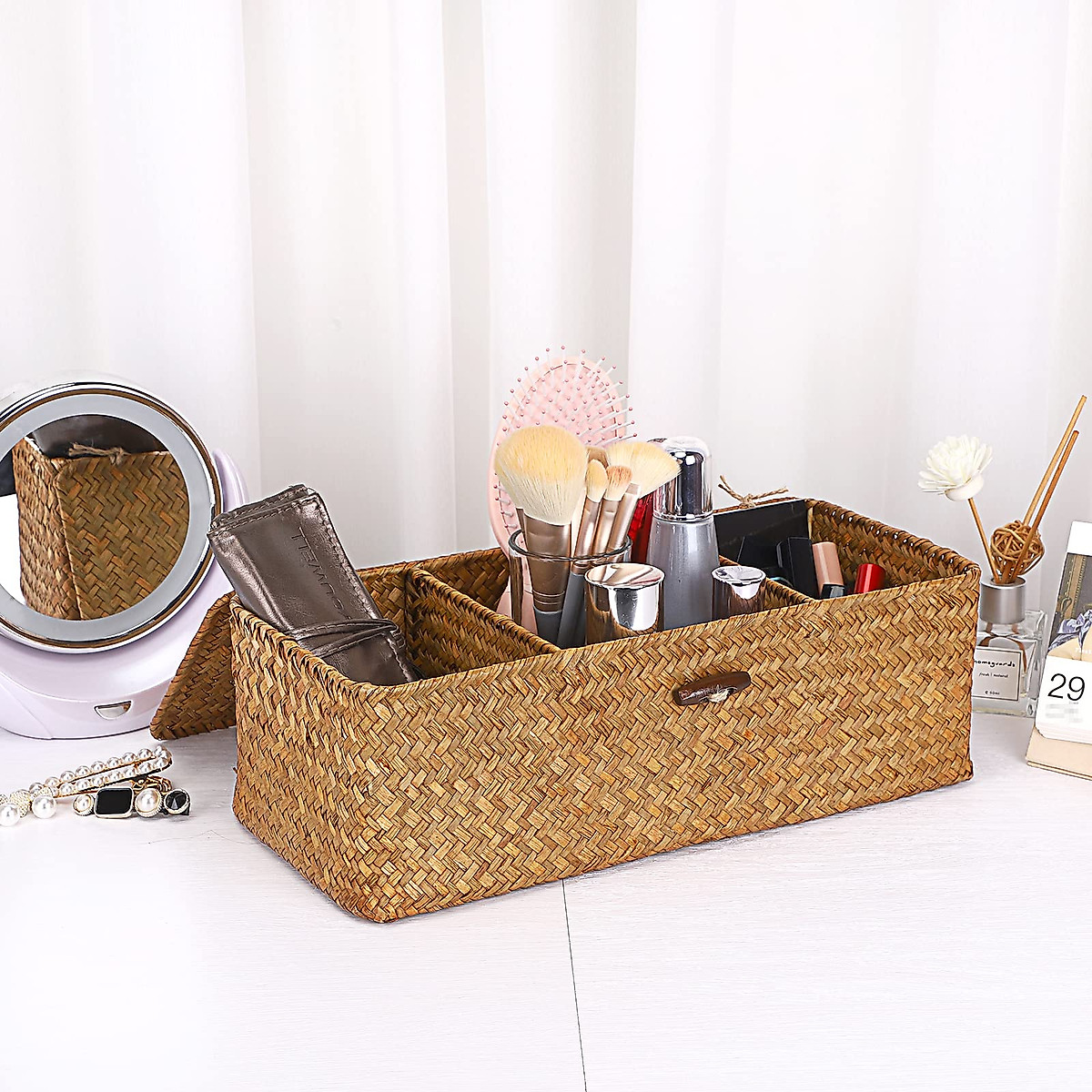 Hipiwe Seagrass Storage Basket Bin with Lid Rectangular Woven Shelf Baskets with 3-Section Toilet Paper Basket Holder for Closets Pantry Bathroom Kitchen Shelf Organizing, Caramel